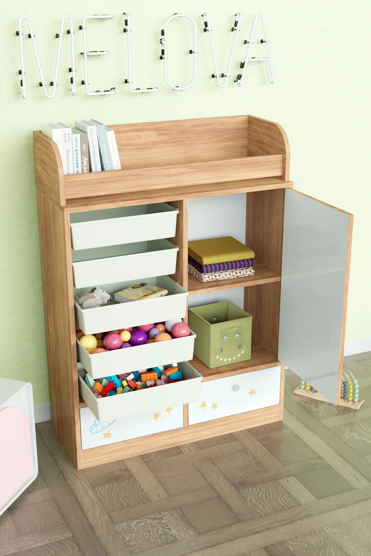 Bay Zürafa Design "Melova" 5 Sepetli 2 Çekmeceli Çok Amaçlı Oyuncak Dolabı
