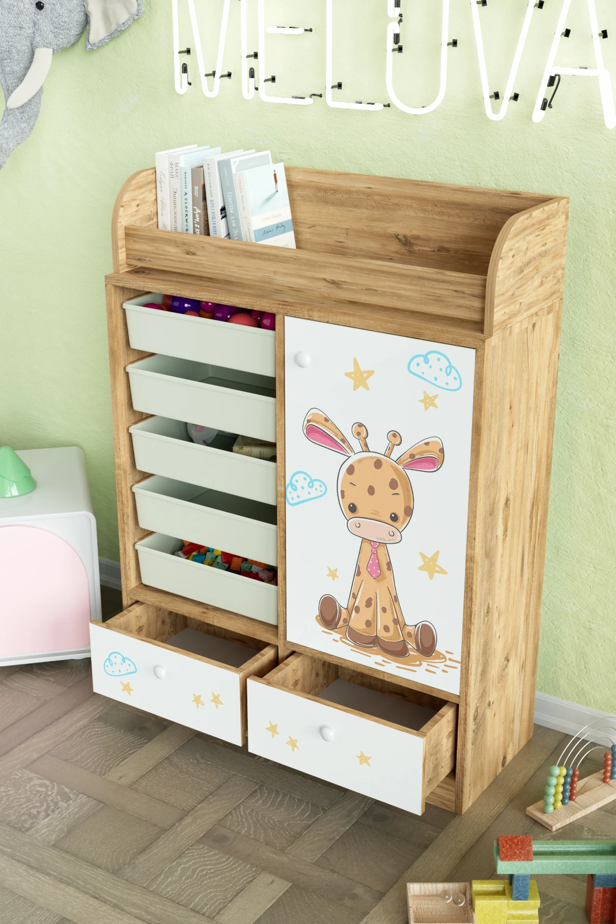 Bay Zürafa Design "Melova" 5 Sepetli 2 Çekmeceli Çok Amaçlı Oyuncak Dolabı