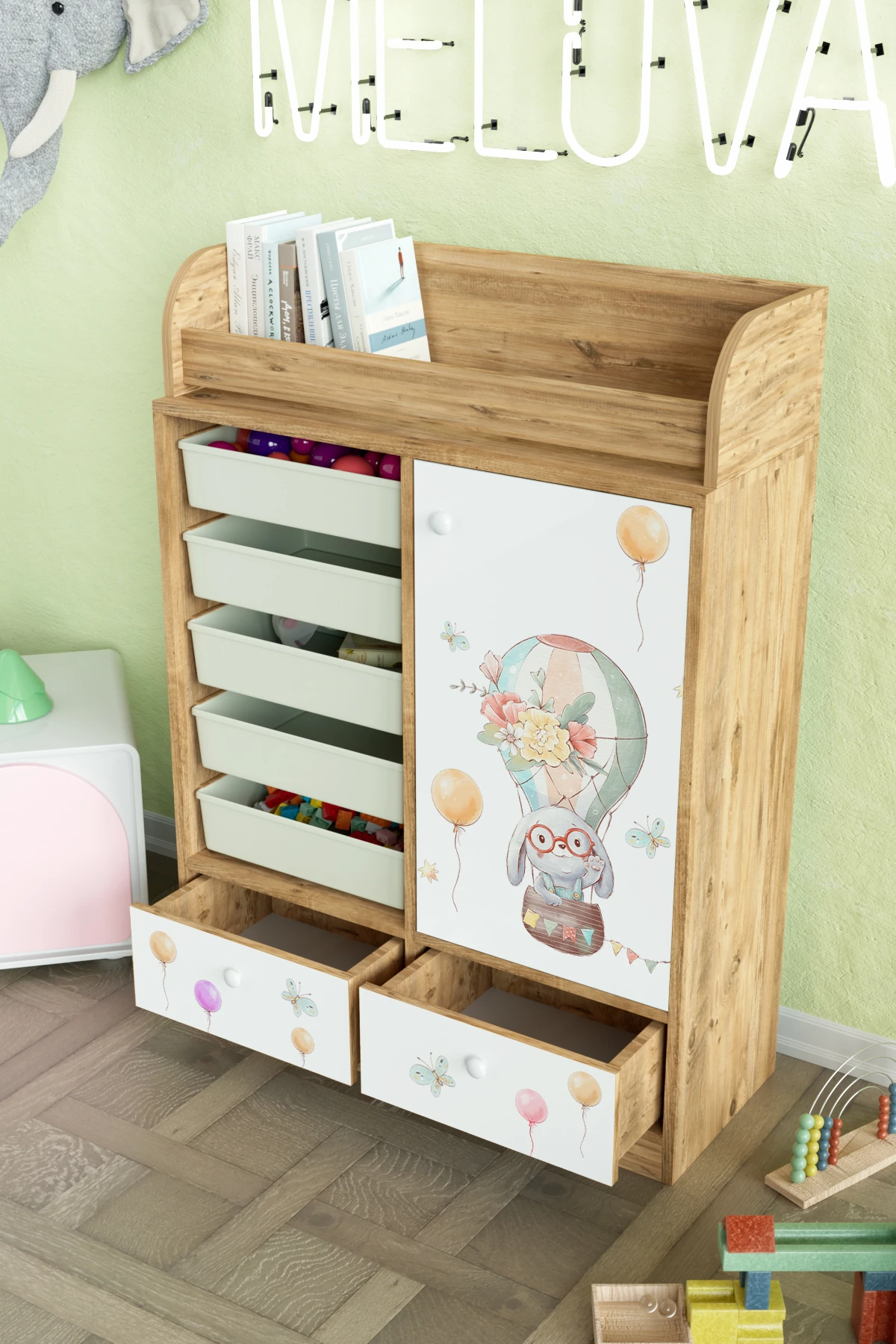 Sky Journey Design "Melova" 5 Sepetli 2 Çekmeceli Çok Amaçlı Oyuncak Dolabı