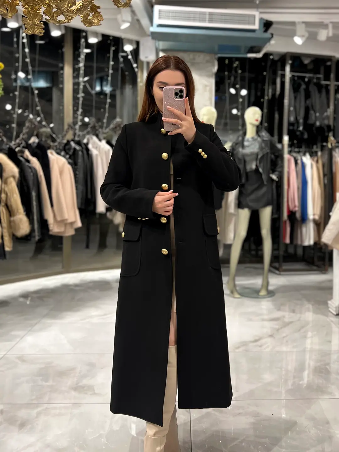 Lucia Yakalı Gold Düğme Kaşe Kaban Siyah