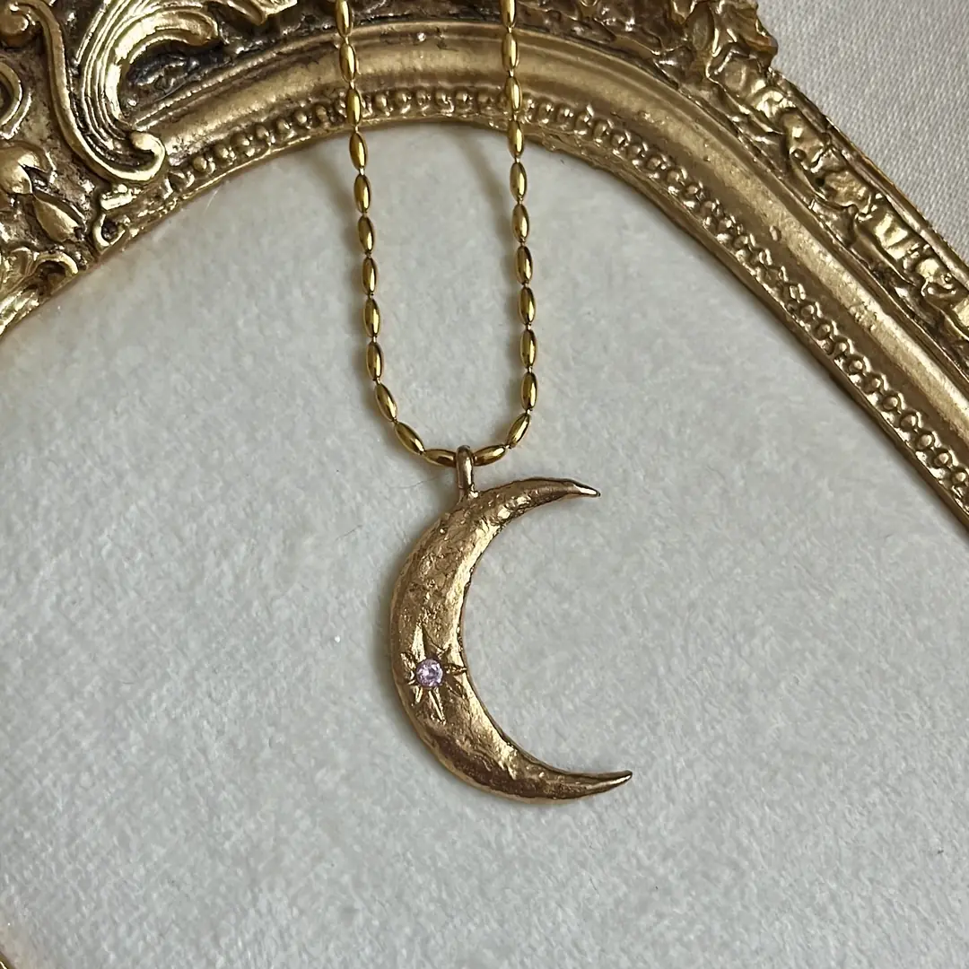 Vintage Pembe Taşlı Ay Kolye | Bonte Jewelry