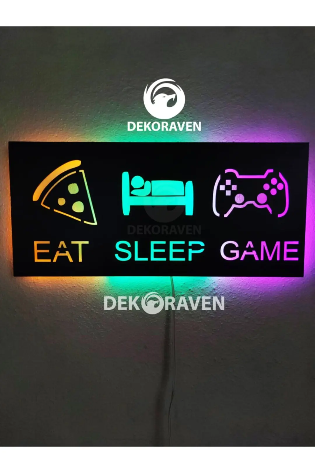 Gamer Led Işıklı Ahşap Tablo - Eat Sleep Game