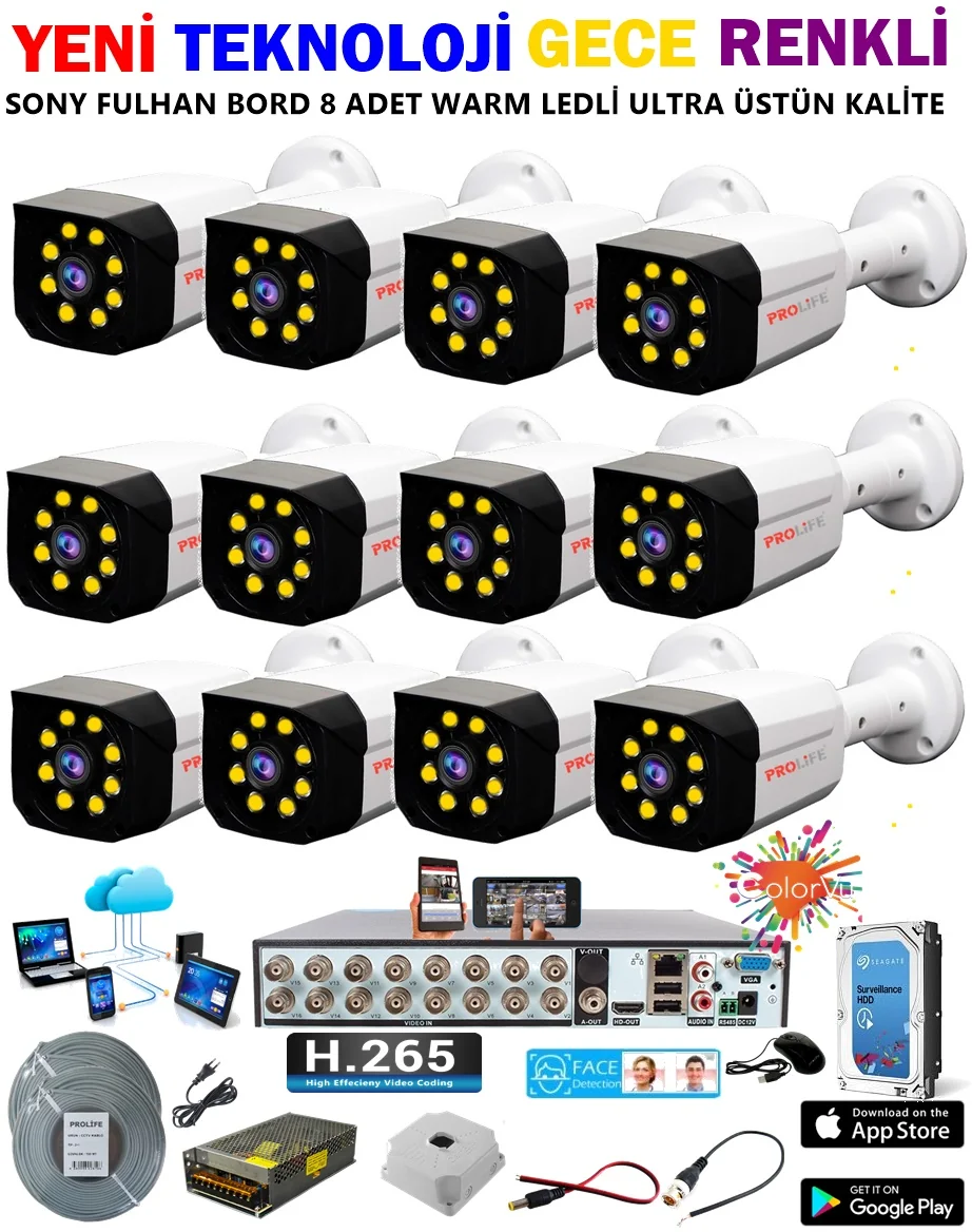 12 Kameralı Gece Renkli 8 Adet Warm Ledli Yeni Nesil 5 Mp Kuruluma Hazır Güvenlik Kamerası Seti