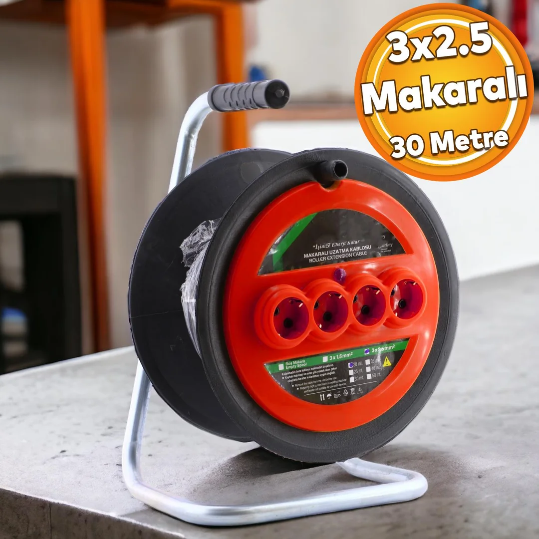 Bylion Plastik Makaralı Ev Elektriği Monofaze Seyyar 4 Prizli Uzatma Kablosu 3x2.5 mm TTR Kablo ...