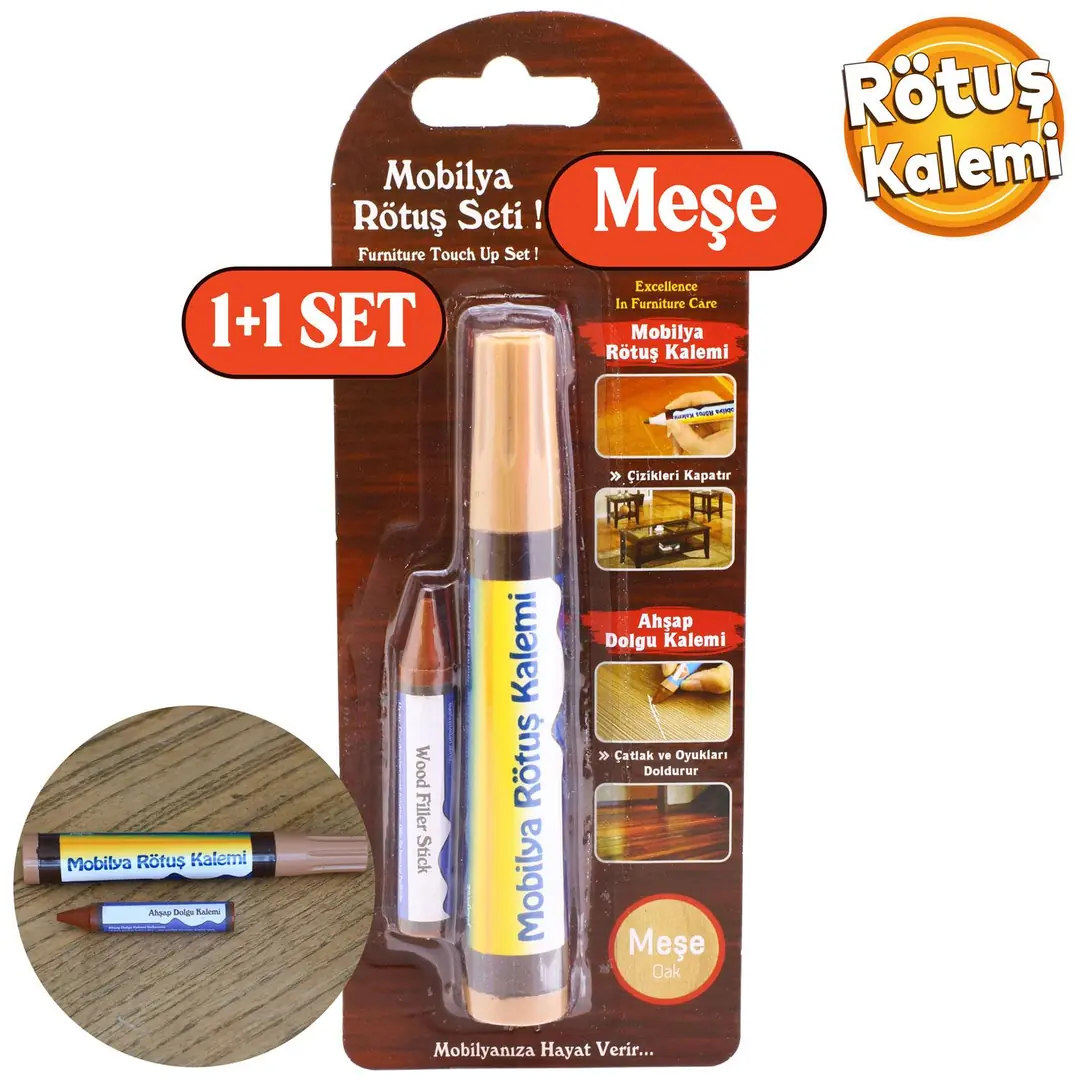 Mobilya Rötuş Kalemi + Ahşap Dolgu Boya Kalemi 2'li Set Meşe Çizik ...