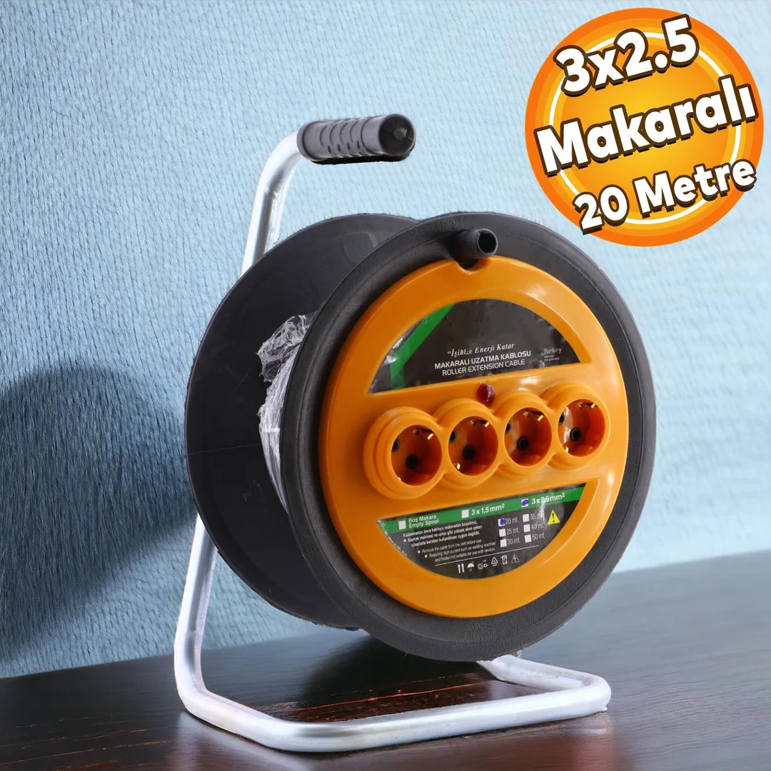 Bylion Plastik Makaralı Ev Elektriği Monofaze Seyyar 4 Prizli Uzatma Kablosu 3x2.5 mm TTR Kablo ...