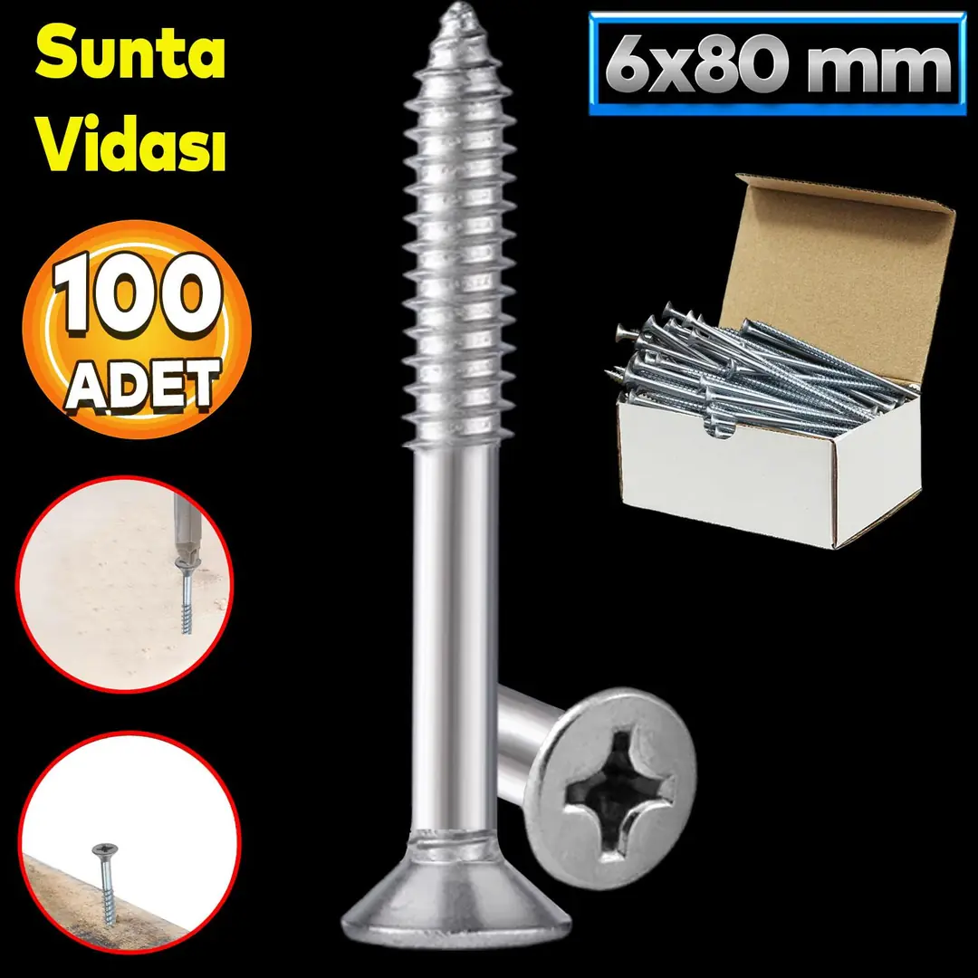 Sunta Vidası 6x80 Mm Paket 100 Adet Sivri Uçlu Ahşap Tahta Ağaç Mobilya ...