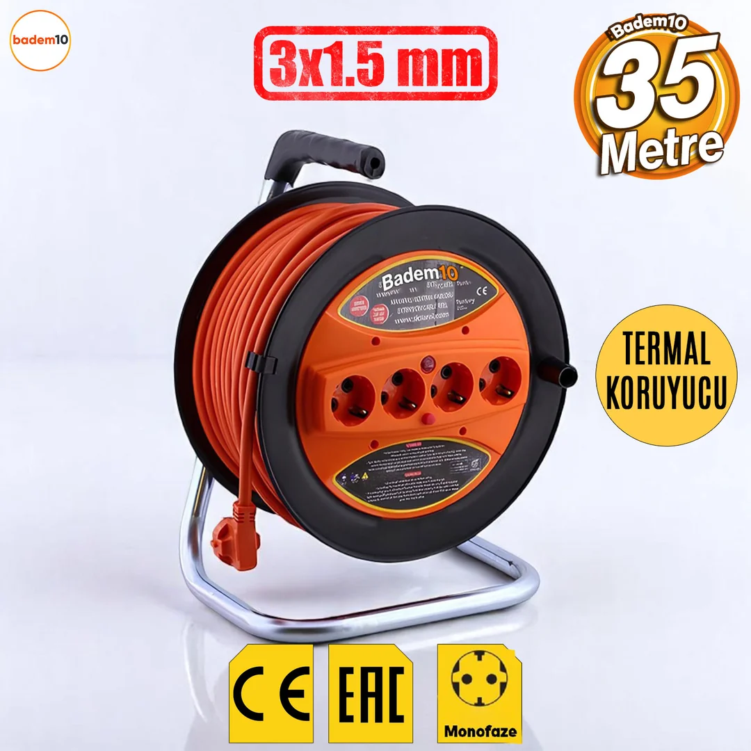Makaralı Uzatma Kablosu 3x1.5 mm 35 Metre Plastik Seyyar Makara Termal Sigortalı 4 Prizli Monofaze