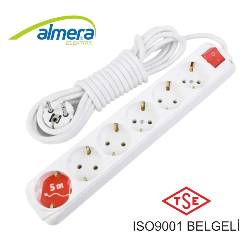 Almera 6'lı Ara Kablo ANAHTARLI Topraklı Grup Priz 5 metre- Badem10