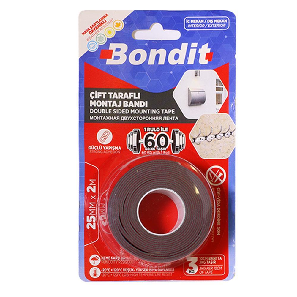 Bondit Çift Taraflı Montaj Bandı Şeffaf Bant 25 mm x 2 Metre- Badem10