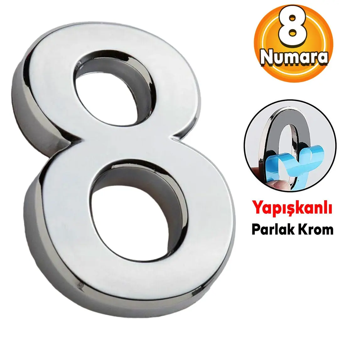 Kapı Numarası Yapışkanlı Parlak Krom Numaraları 37.5 mm 8 Numara Rakam ...