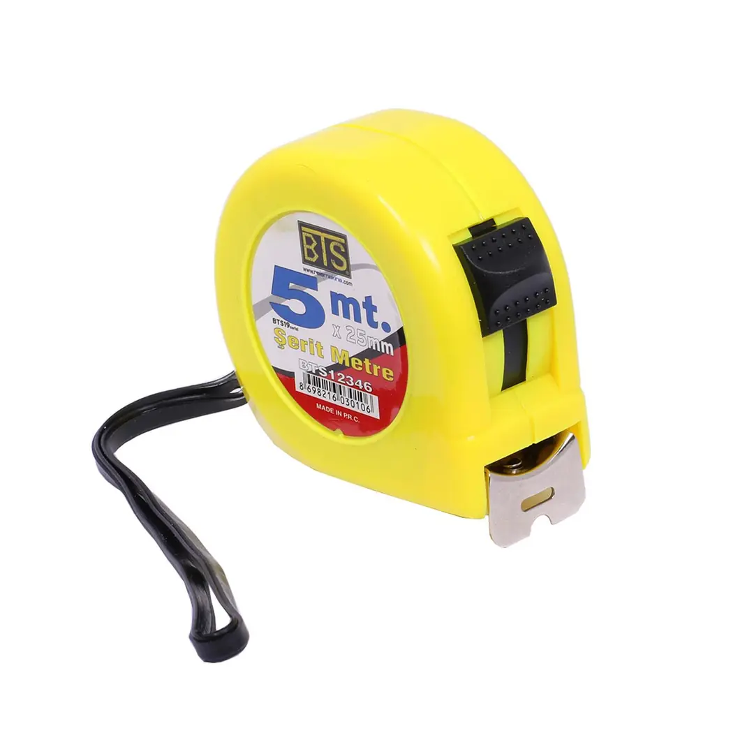 BTS Şerit Metre 25 mm x 5 Metre Kilitli Askılı Sarı Metre- Badem10