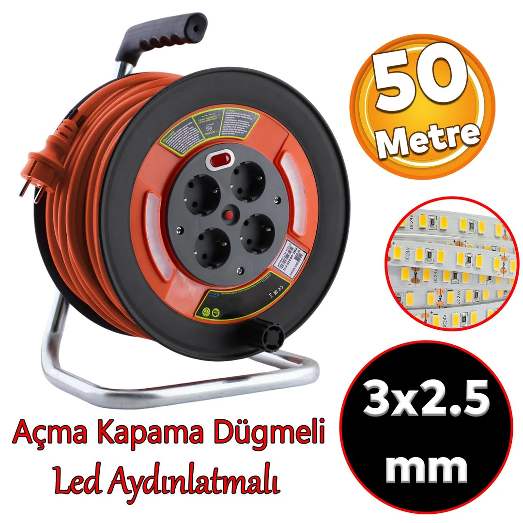 Plastik Makaralı Seyyar CCA Kablo 4 Prizli Monofaze Uzatma Kablosu 3x2.5 mm TTR Kablo 50 Metre