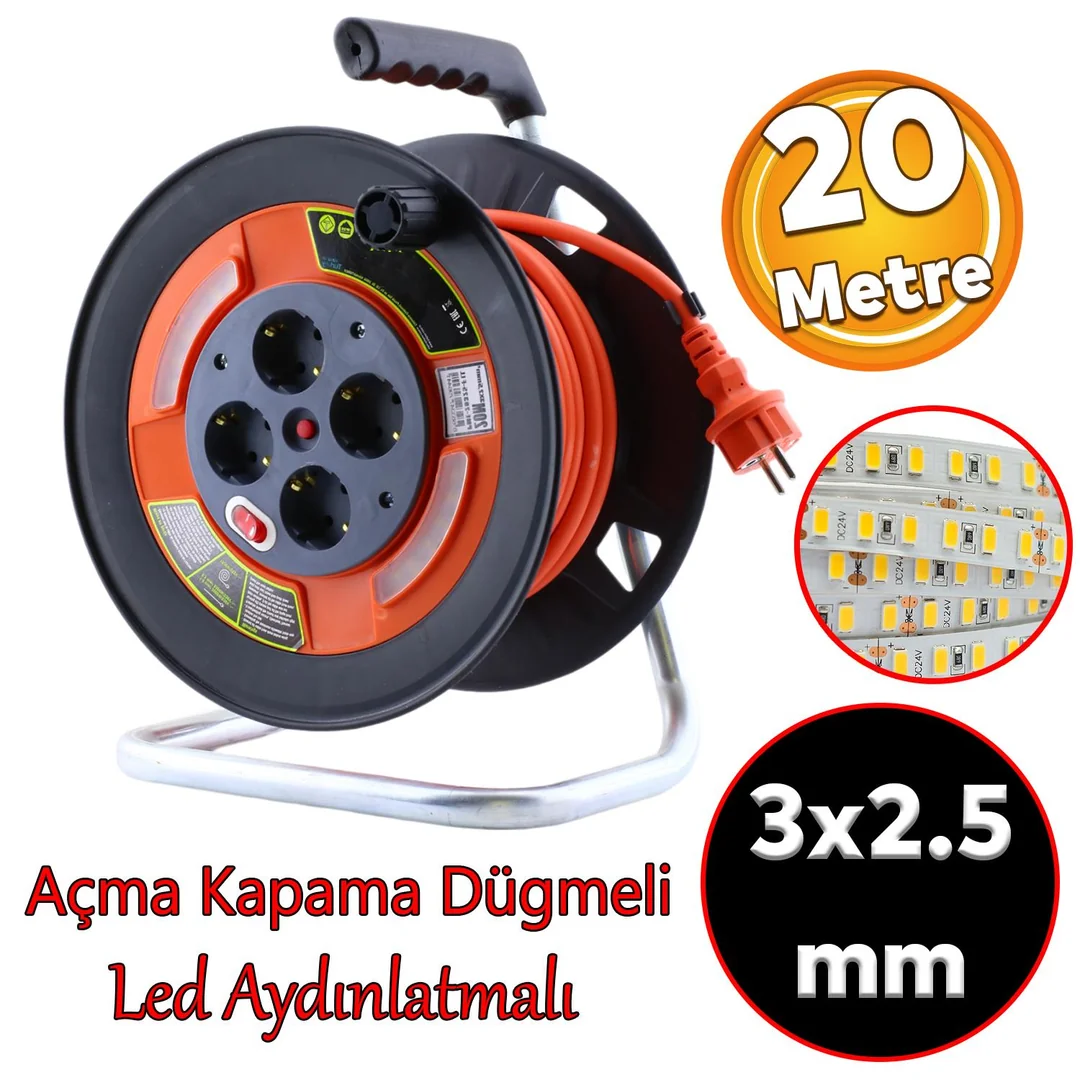 Plastik Makaralı Seyyar CCA Kablo 4 Prizli Monofaze Uzatma Kablosu 3x2.5 mm TTR Kablo 20 Metre