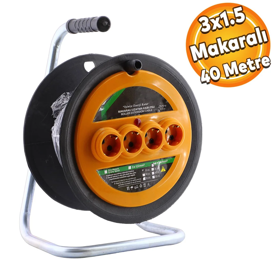 Bylion Plastik Makaralı Ev Elektriği Monofaze Seyyar 4 Prizli Uzatma Kablosu 3x1.5 mm CCA Kablo ...