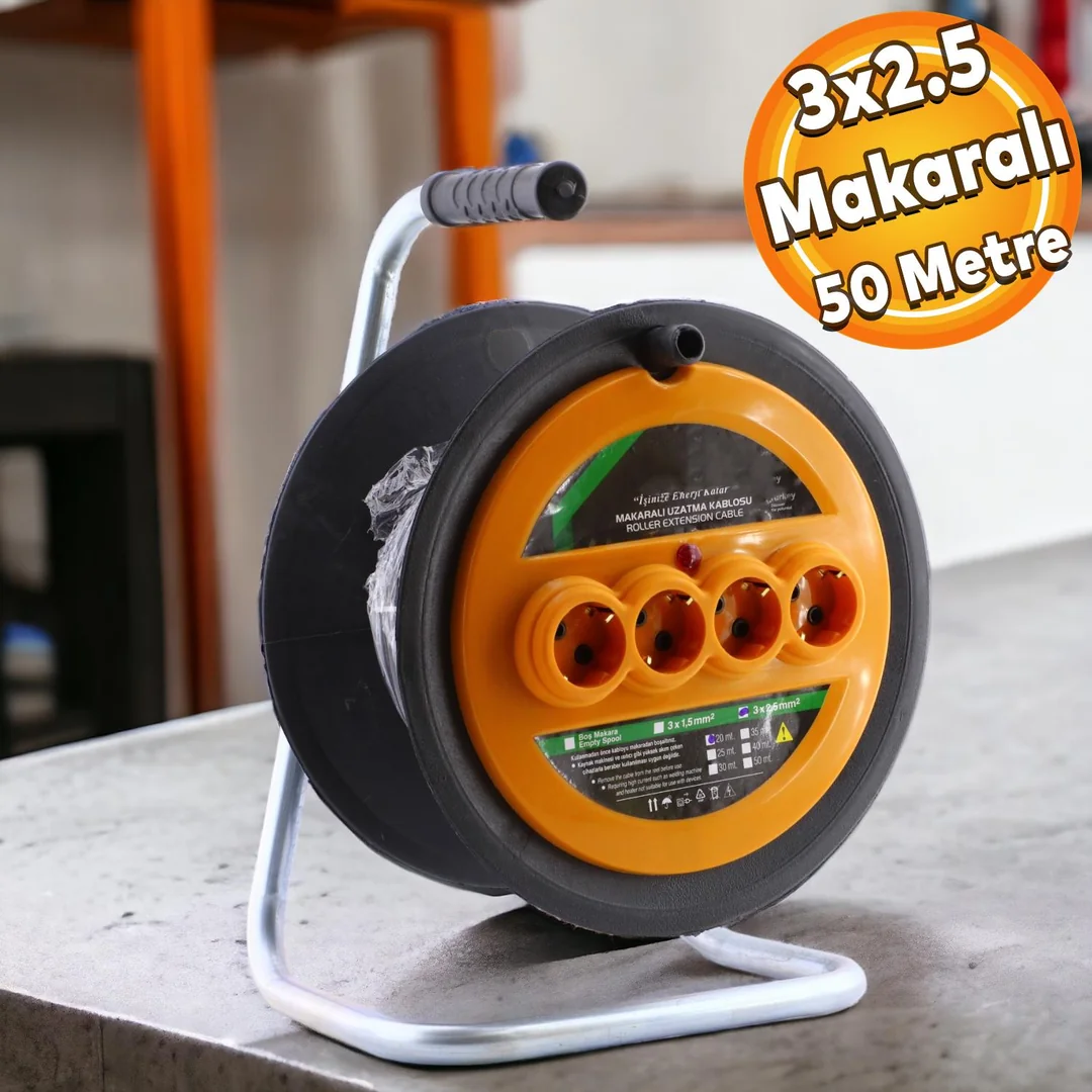 Plastik Makaralı Ev Elektriği Monofaze Seyyar 4 Prizli Uzatma Kablosu 3x2.5 mm CCA Kablo 50 ...
