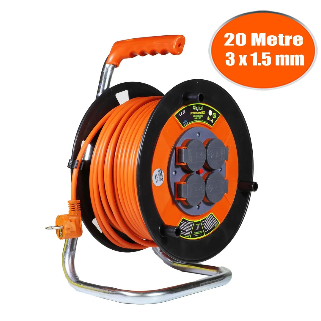 Bylion PMP-20315 20 Metre 3x1.5 mm Seyyar Makaralı Uzatma Kablosu Kapaklı Termal Sigortalı CCA ...