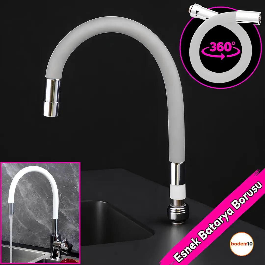 Mutfak Musluk Batarya Kuğu Evye Borusu Spiral Hortumlu Beyaz Renk 360 ...