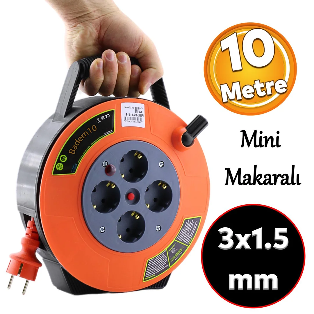 Plastik Mini Kutulu Makaralı Seyyar 3x1.5 mm CCA Monofaze Uzatma Kablosu 4 Priz TTR Kablo 10 Metre