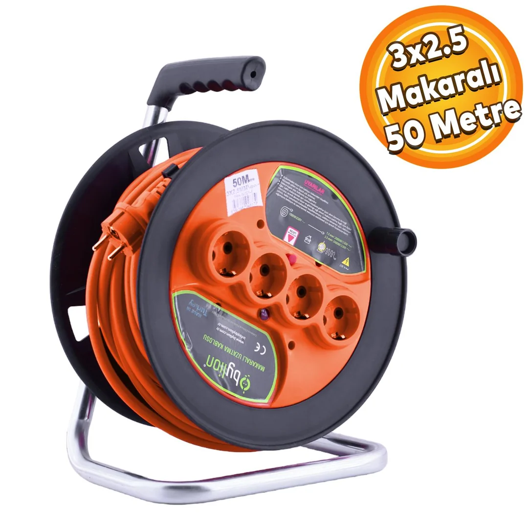 Bylion IP20 Plastik Makaralı Seyyar 4 Prizli Uzatma Kablosu 3x2.5 mm TTR Kablo 50 Metre Termal ...