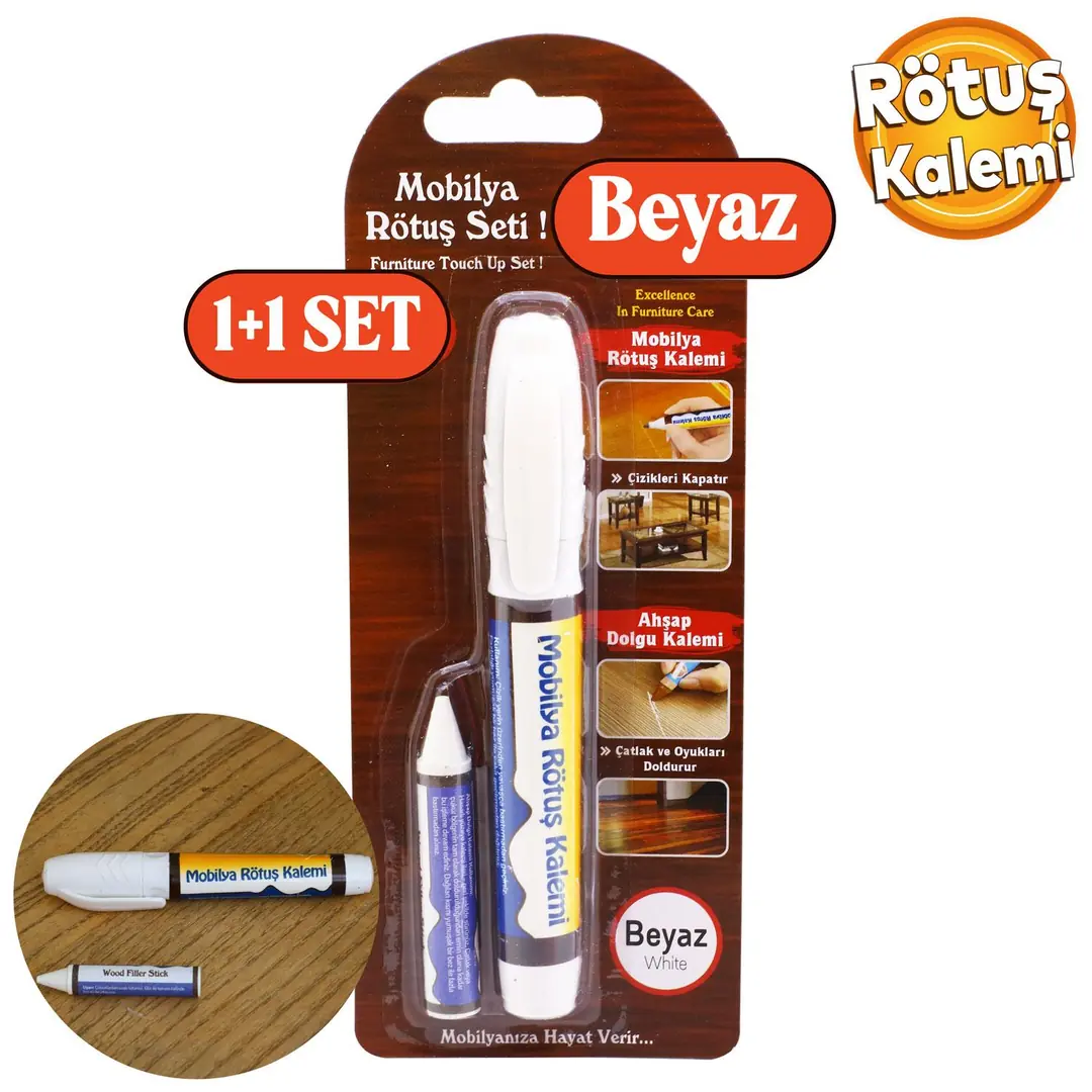 Mobilya Rötuş Kalemi + Ahşap Dolgu Boya Kalemi 2'li Set Beyaz Çizik ...