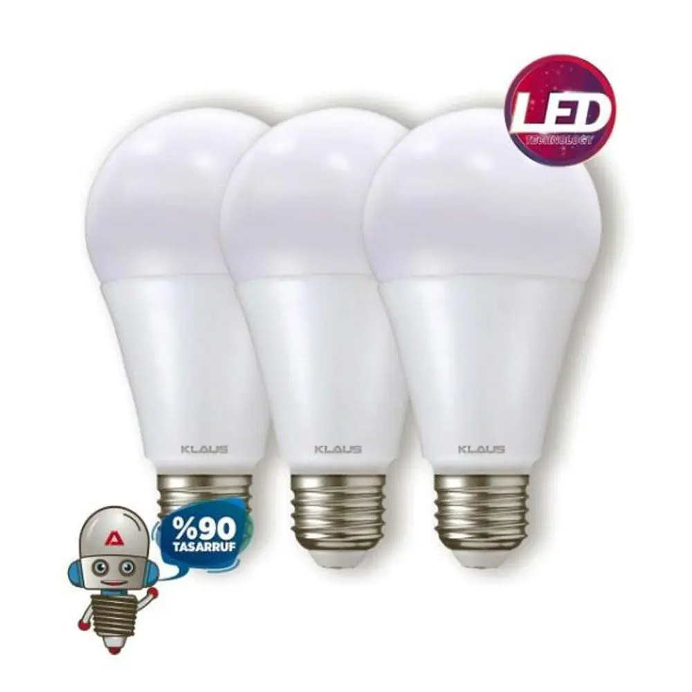 Klaus 3'lü Led Lamba 6500K Beyaz Işık 9W- Badem10