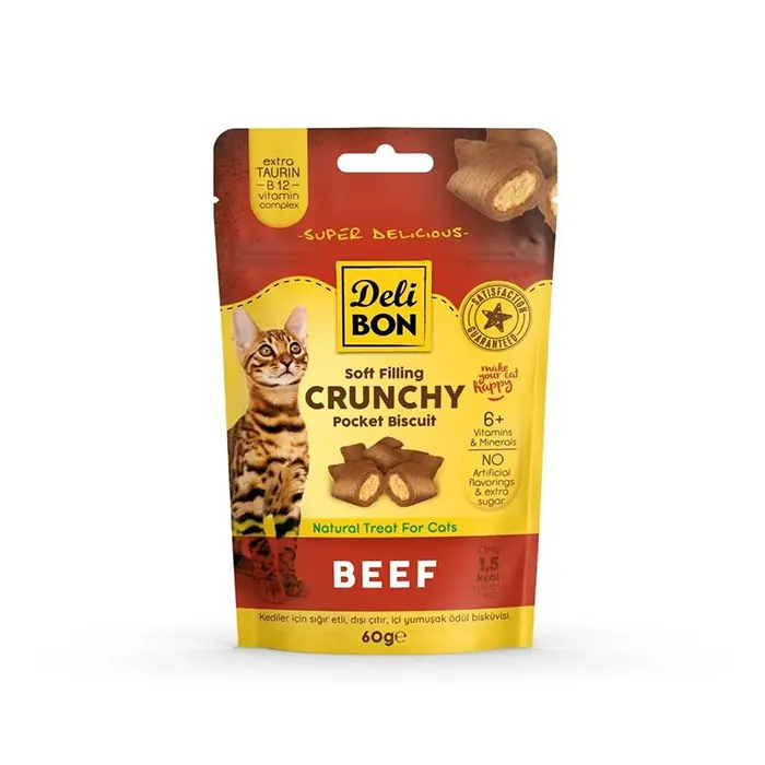 Delibon Crunchy İçi Dolgulu Sığır Etli Kedi Ödül Bisküvisi 60 Gr