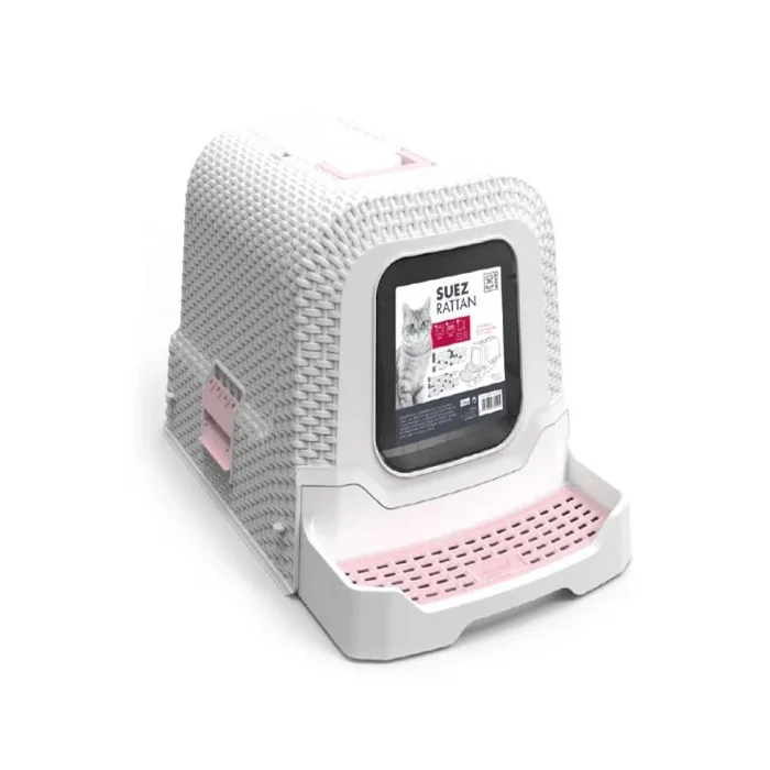 M-PETS Suez Rattan Kapalı Kedi Tuvaleti Pembe-Beyaz 69x42x41cm