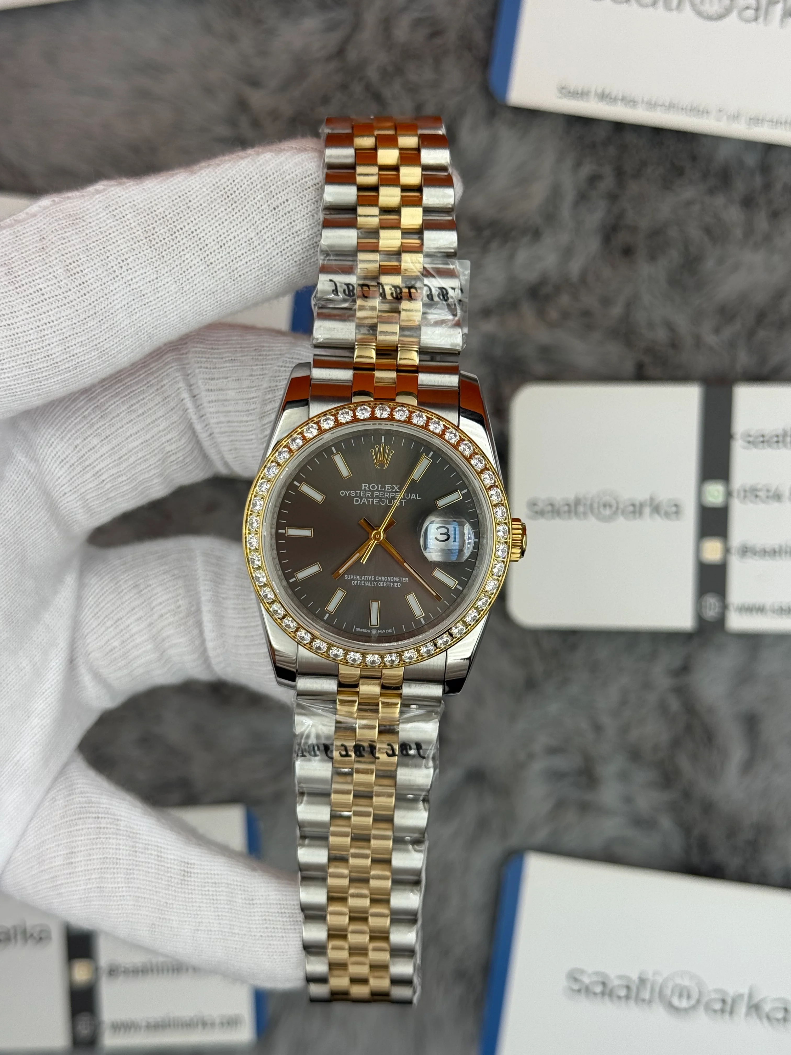 ROLEX DATEJUST 36MM GRİ KADRAN TAŞLI BEZEL GOLD SİLVER KASA KORDON JUBİLEE