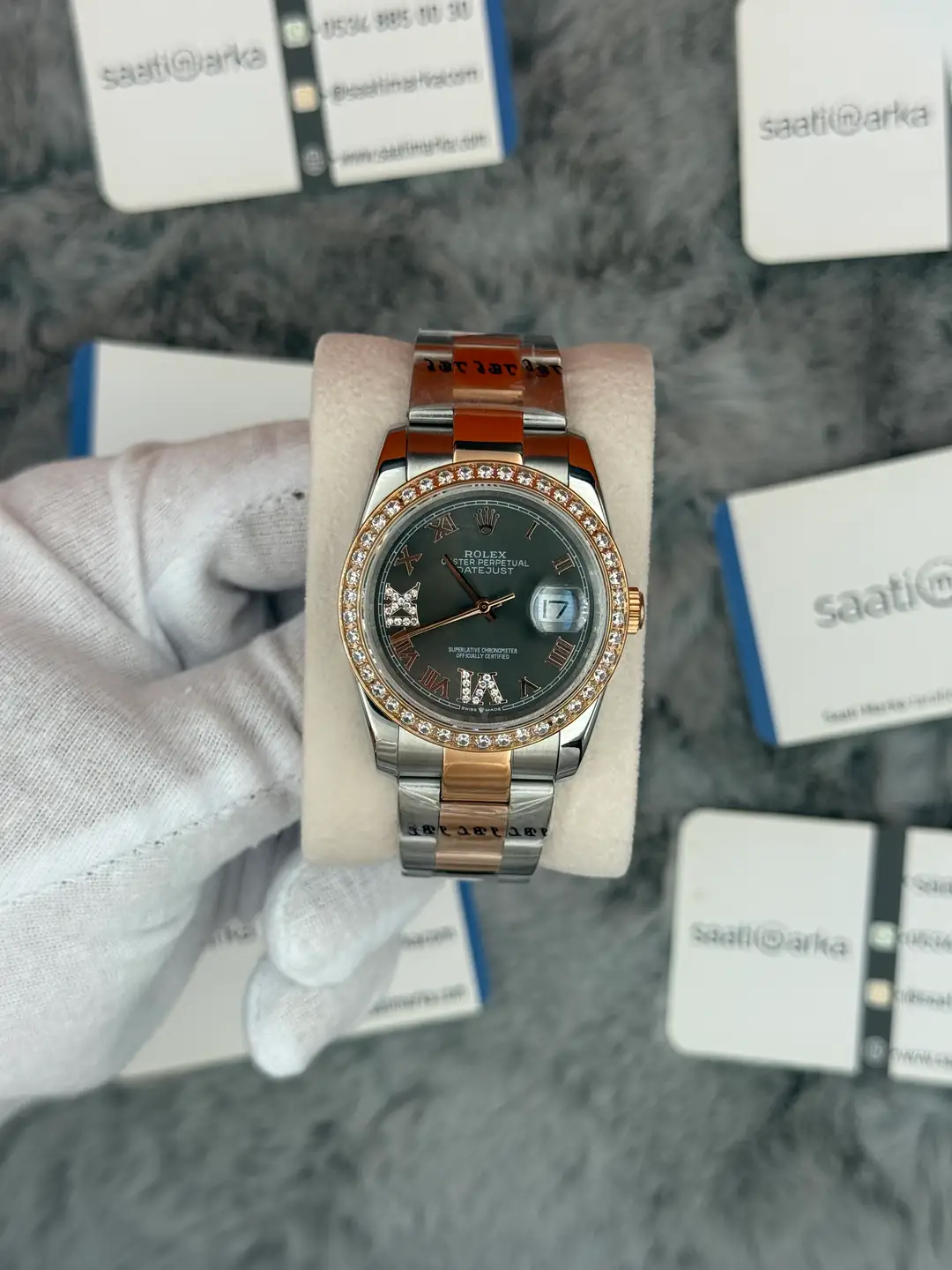 ROLEX Datejust 36mm gri kadran taşlı bezel silver kasa rose silver ...