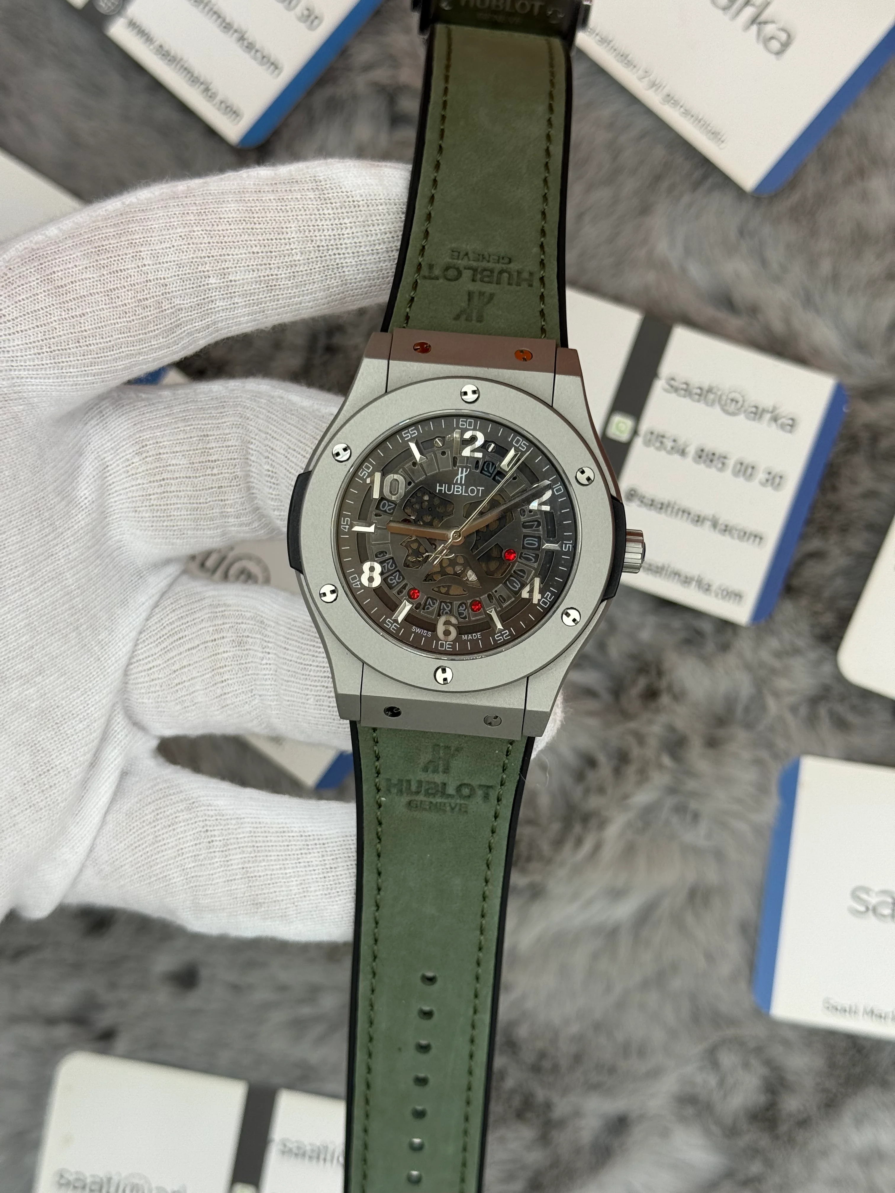 HUBLOT bing bang 41mm skeleton silver kasa gri deri kordon erkek kol saati
