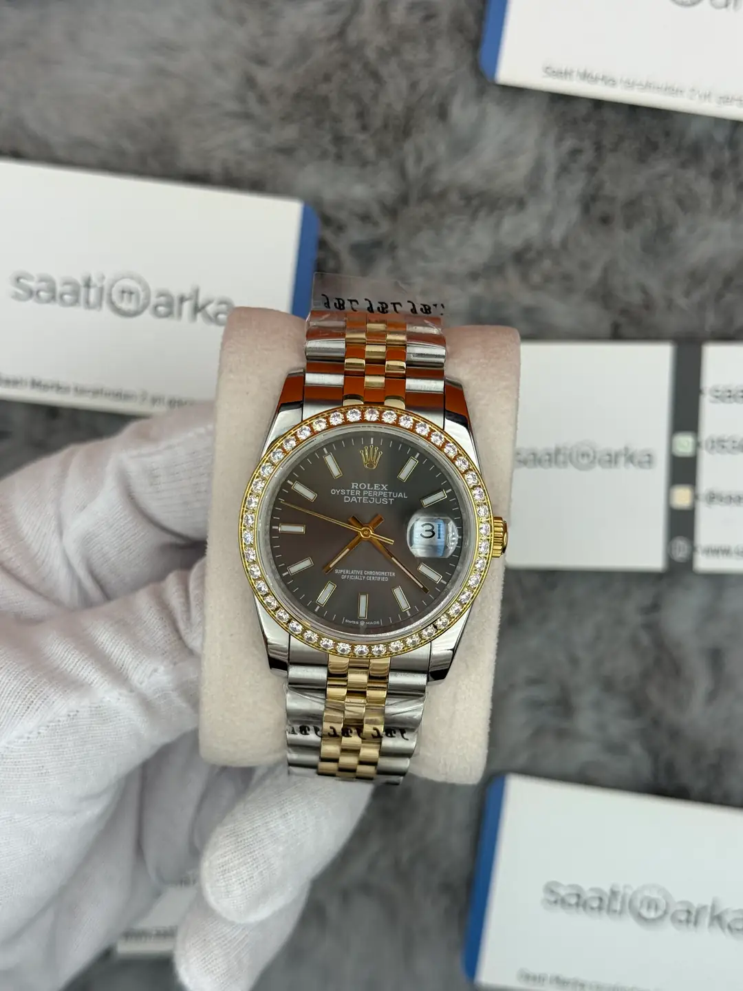 ROLEX DATEJUST 36MM GRİ KADRAN TAŞLI BEZEL GOLD SİLVER KASA KORDON JUBİLEE
