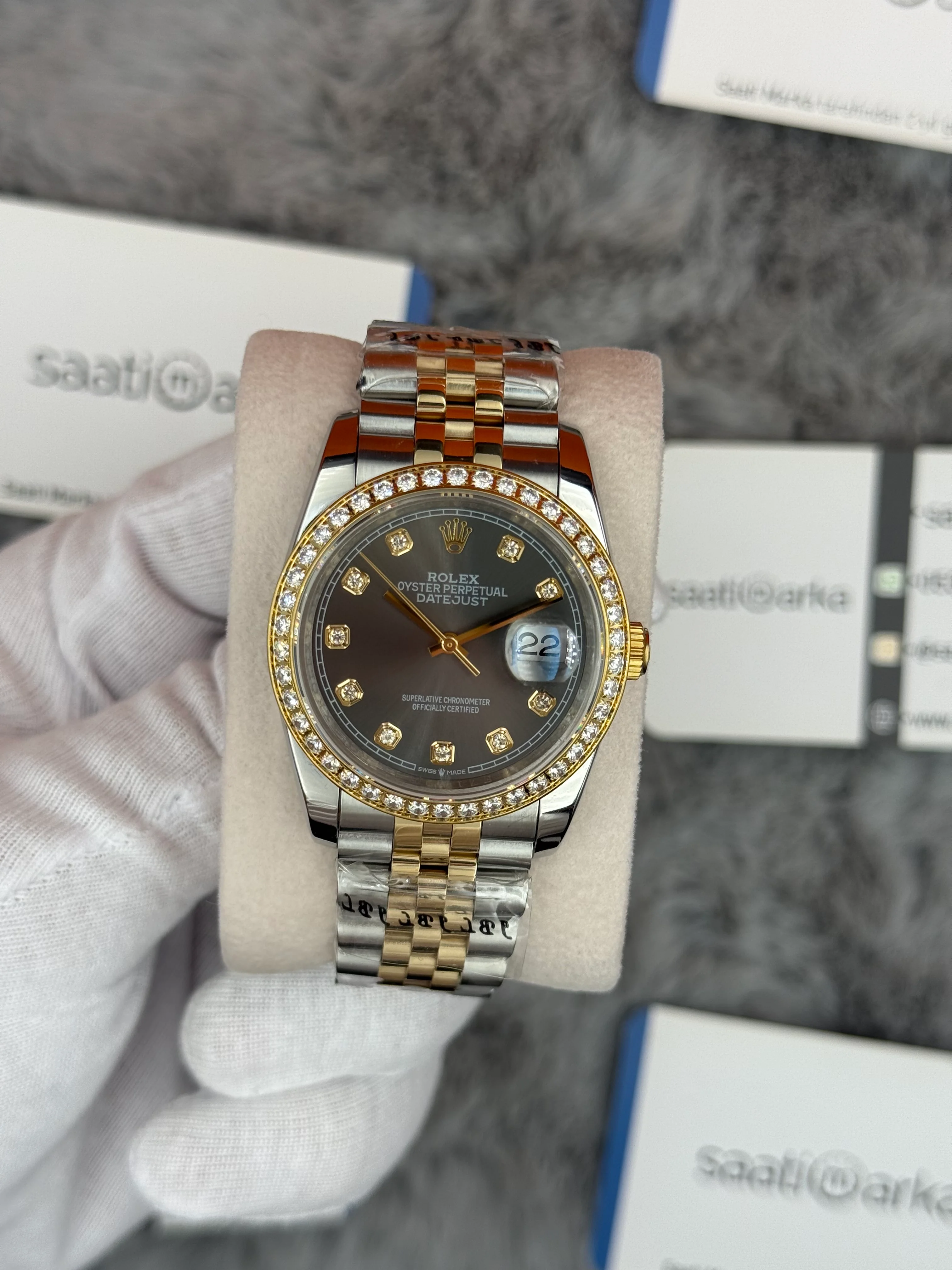 ROLEX DATEJUST 36MM GRİ KADRAN TAŞLI BEZEL GOLD SİLVER KASA KORDON JUBİLEE