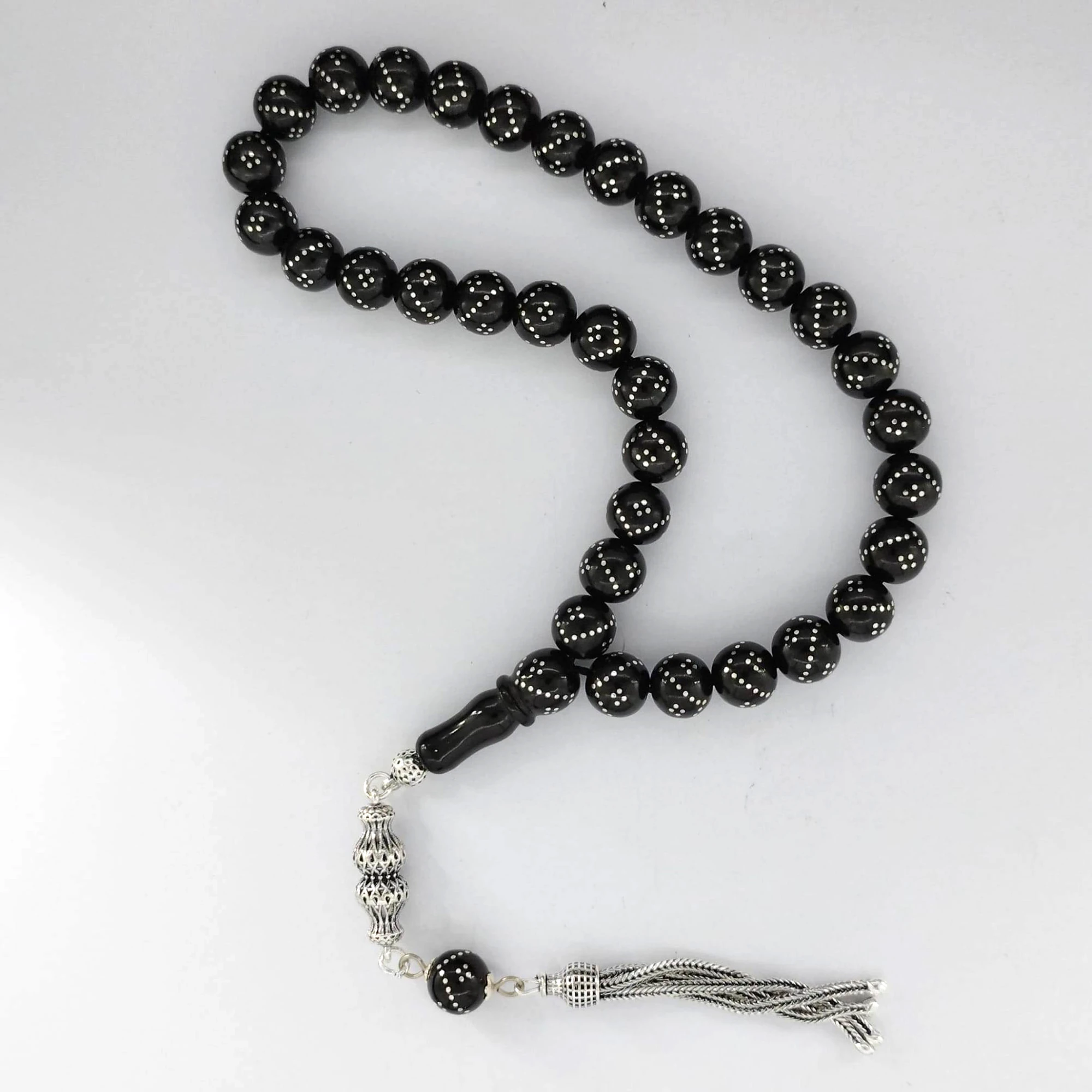 Gümüş İşlemeli Gümüş Püsküllü Oltu Tesbih - OltutaşıMarket