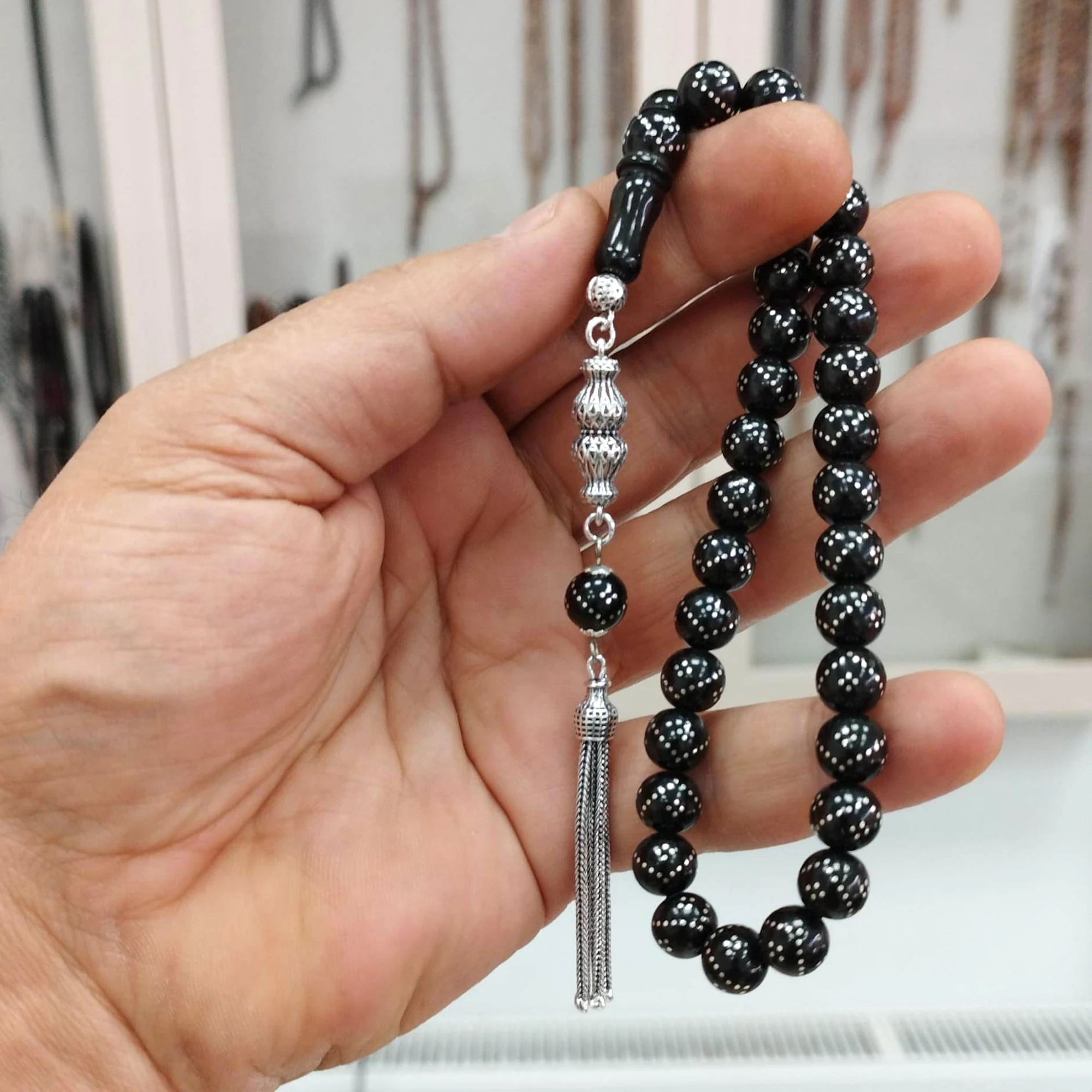 Gümüş İşlemeli Gümüş Püsküllü Oltu Tesbih - OltutaşıMarket