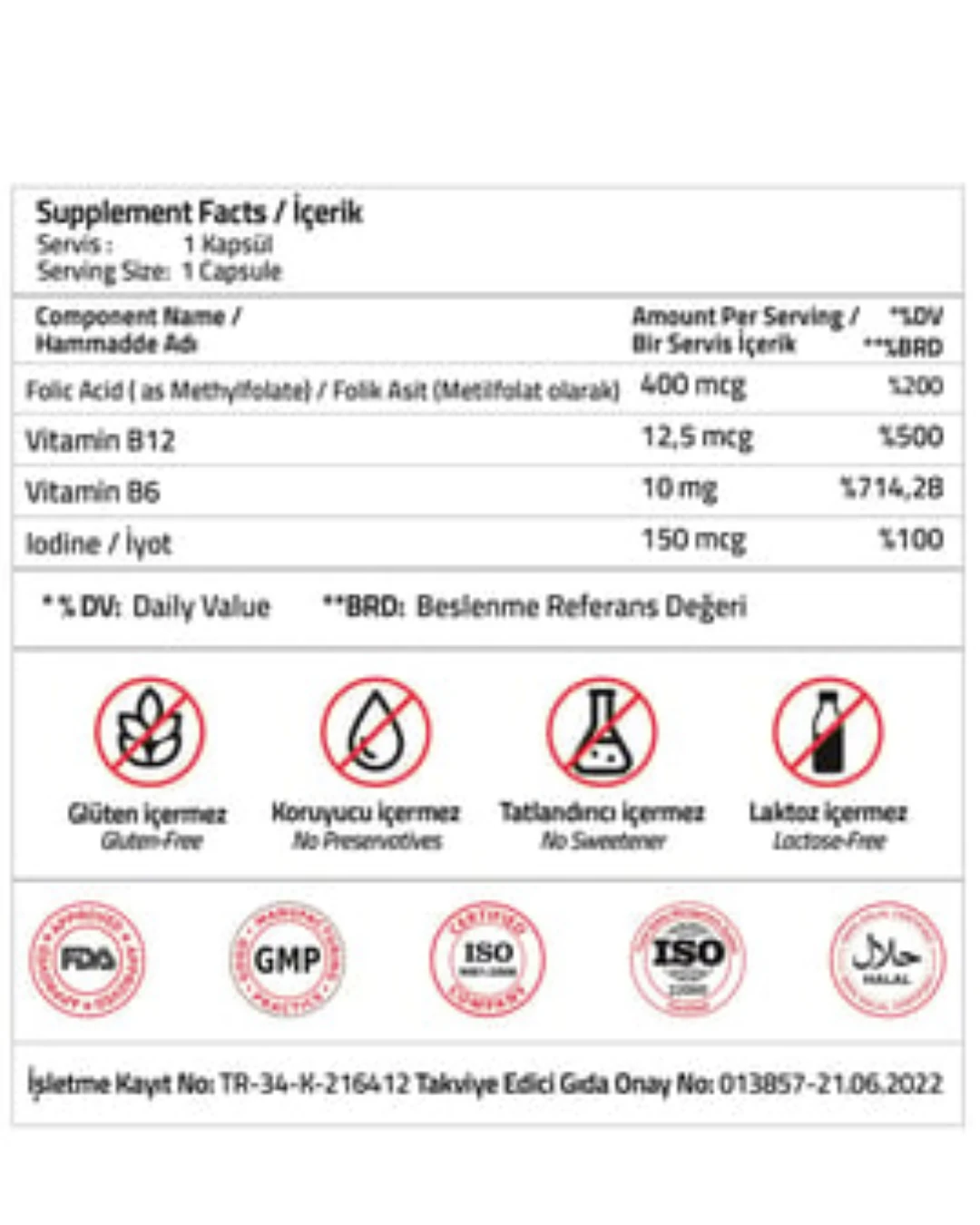 Validus Folat Qatrefolic 400 mcg+Vitamin B12+Vitamin B6+Iodine 60 Kapsül