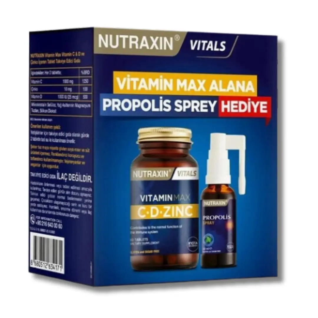 Nutraxin Vitamin Max C-D-Zinc 60 Tablet+Propolis Spray 30 ml HEDiYE