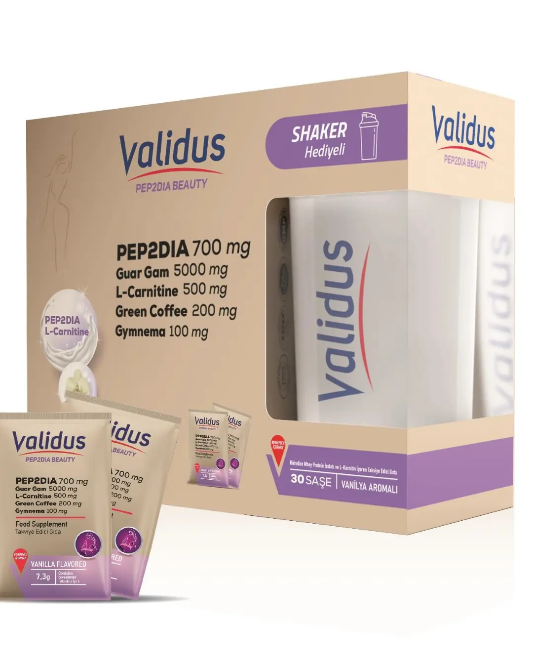 Validus Super Slim Pep2Dia 700 mg + Guar Gum 5000 mg + L-Carnitine 30 Sachets + Shaker (Gift Set)