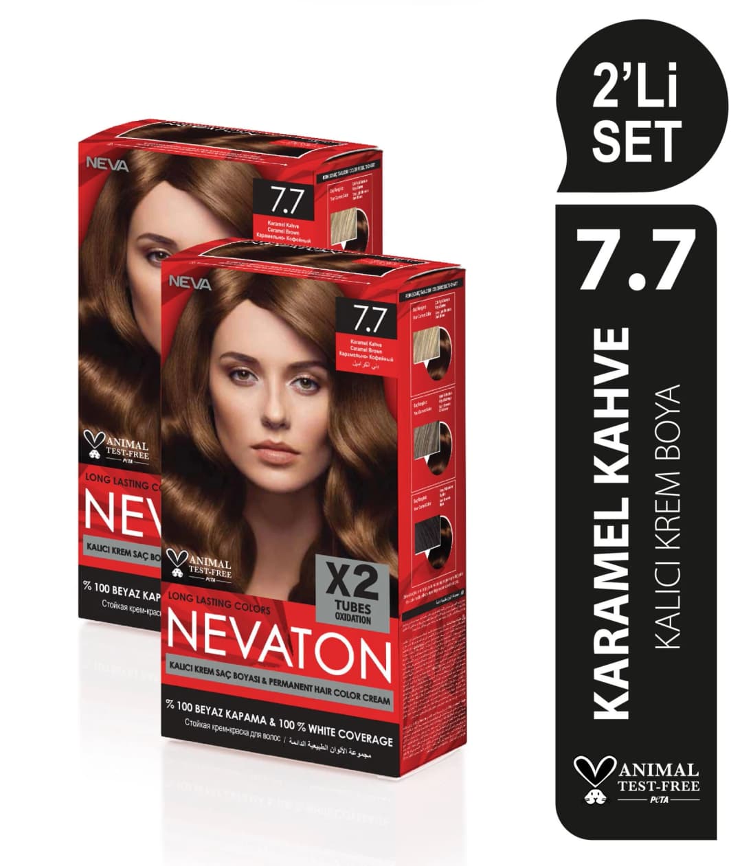 NEVATON 2 x 2'Lİ SET 7.7 KARAMEL KAHVE Kalıcı Krem Saç Boyası Seti (4 ...
