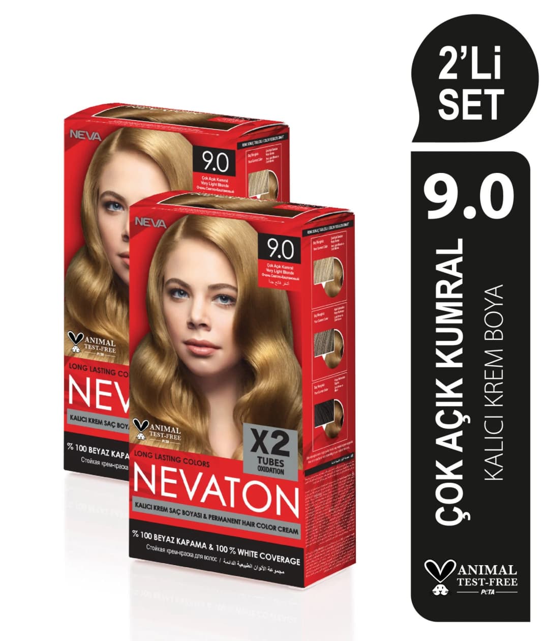 NEVATON 2 x 2'Lİ SET 9.0 ÇOK AÇIK KUMRAL Kalıcı Krem Saç Boyası Seti (4 ...