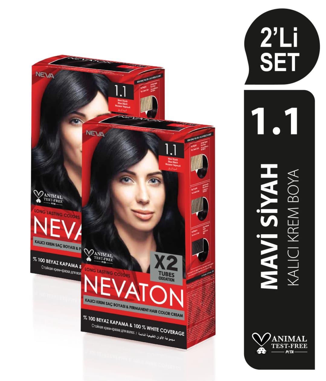 NEVATON 2 x 2'Lİ SET 1.1 MAVİ SİYAH Kalıcı Krem Saç Boyası Seti (4 boya ...