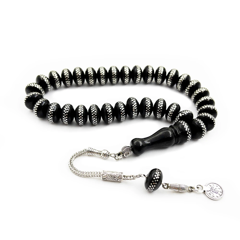 Gümüş İşlemeli Bilek Boy Basık Erzurum Oltu Taşı Tesbih