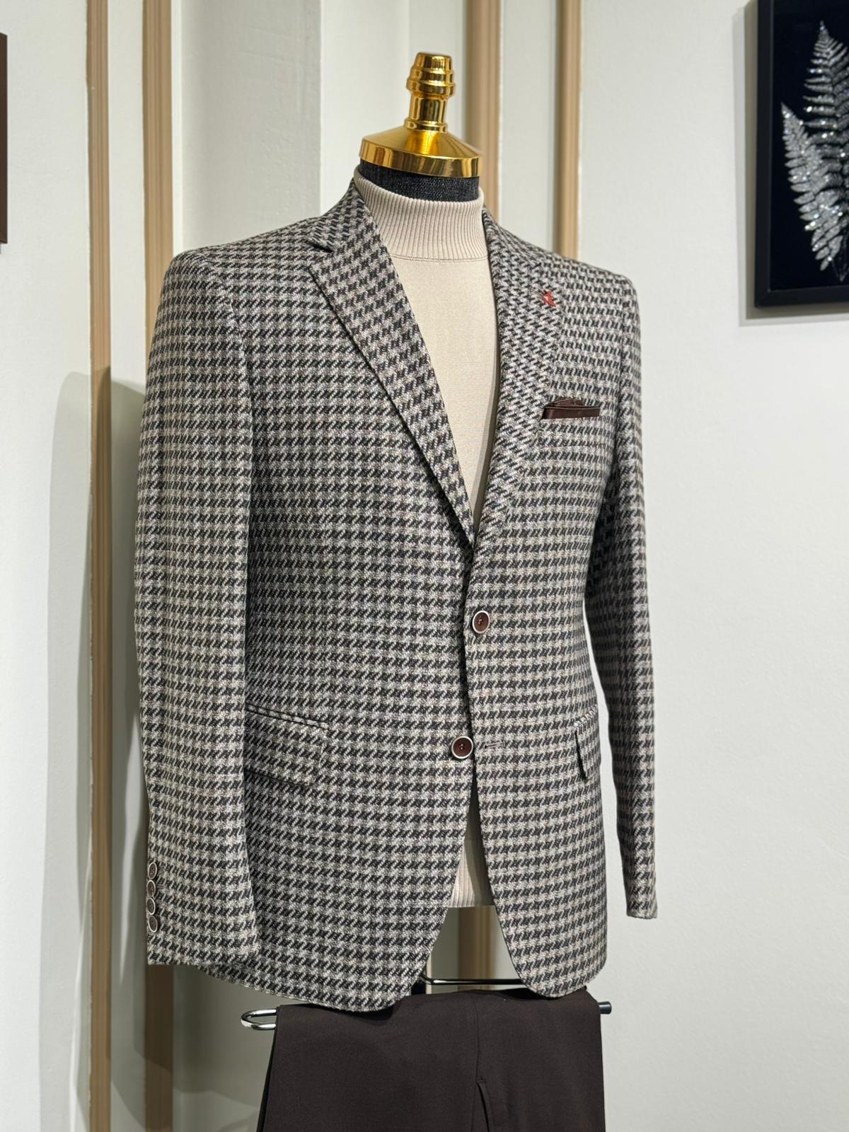 Slim Fit Kaz Ayağı Desen Mono Yaka Kombin Takım Elbise