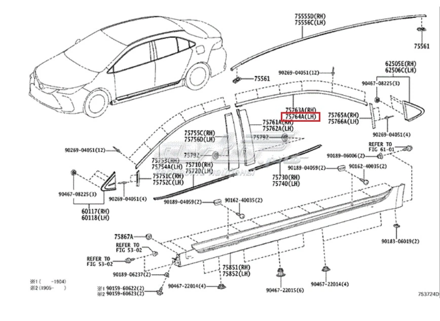 TOYOTA COROLLA ARKA SOL KAPI ÇERCEVE ÜST ÇITASI 2019-2022 7576402060