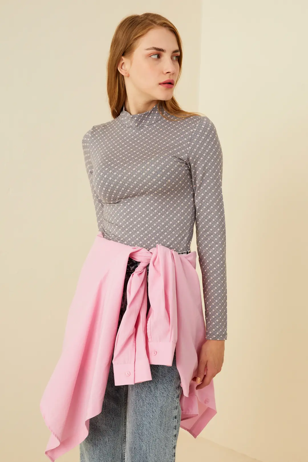 Kadın Pudra Vintage Desenli Body