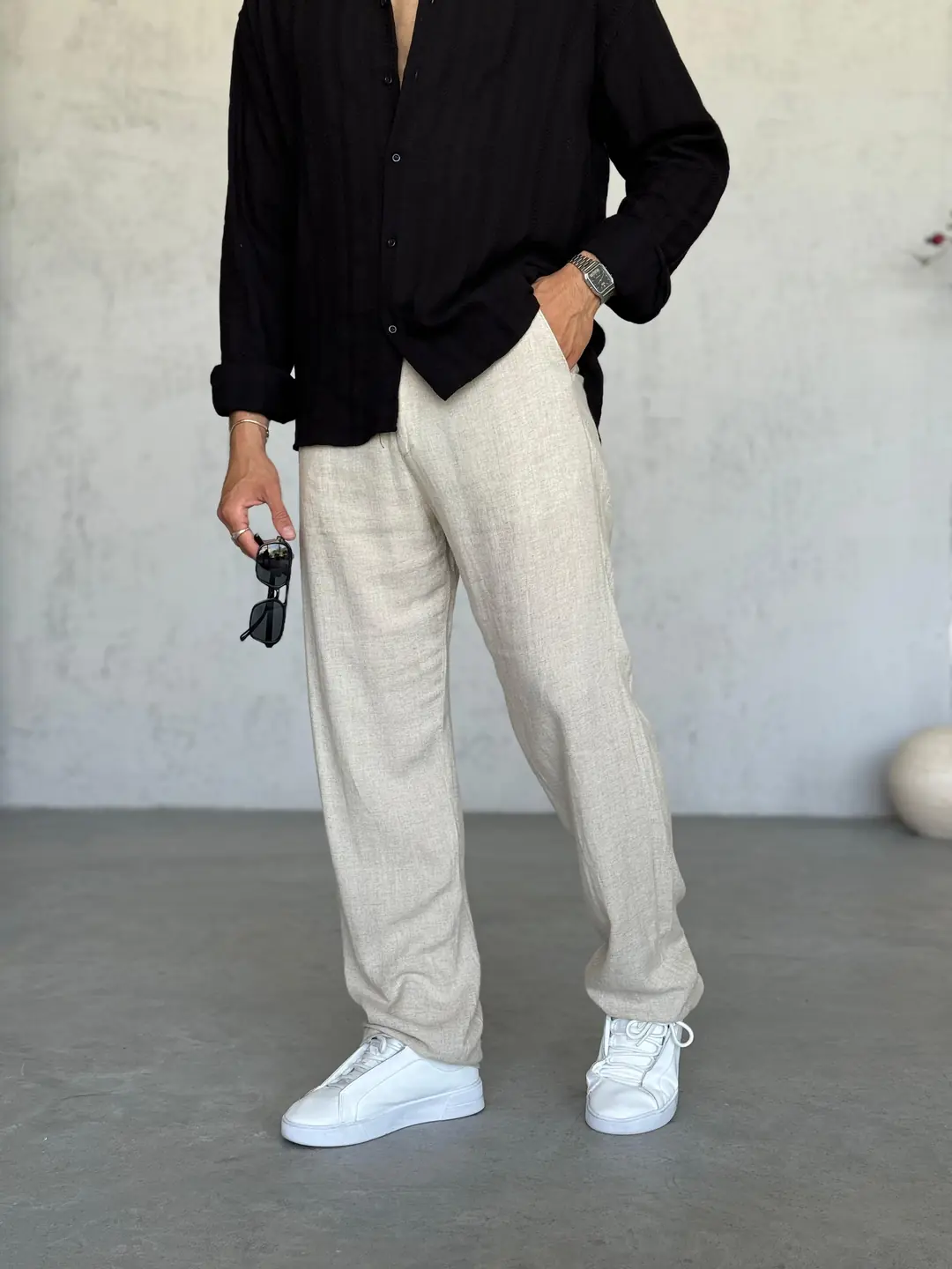 KM562 İp Kemer Detaylı Keten Pantolon Bej