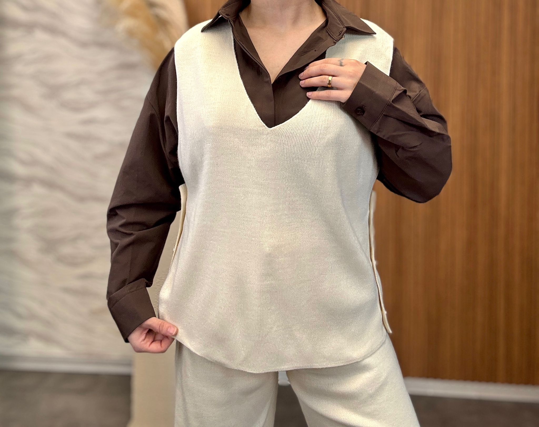 Metal Düğme Detay Yelek-Palazzo Takım