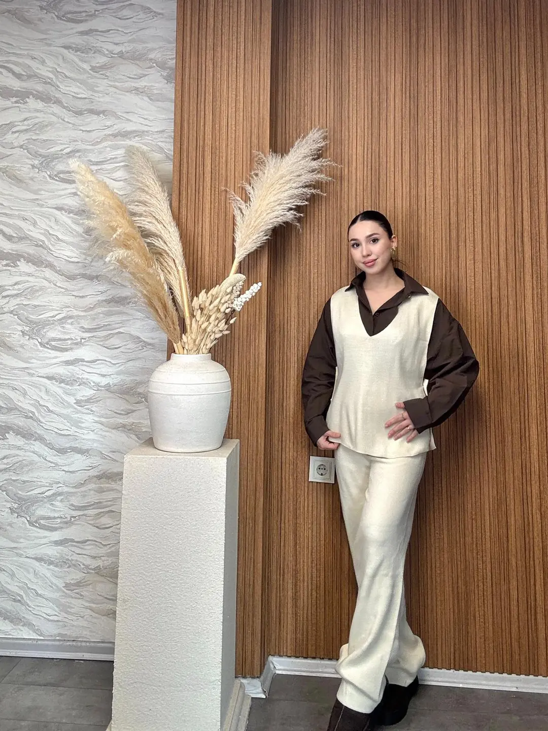 Metal Düğme Detay Yelek-Palazzo Takım