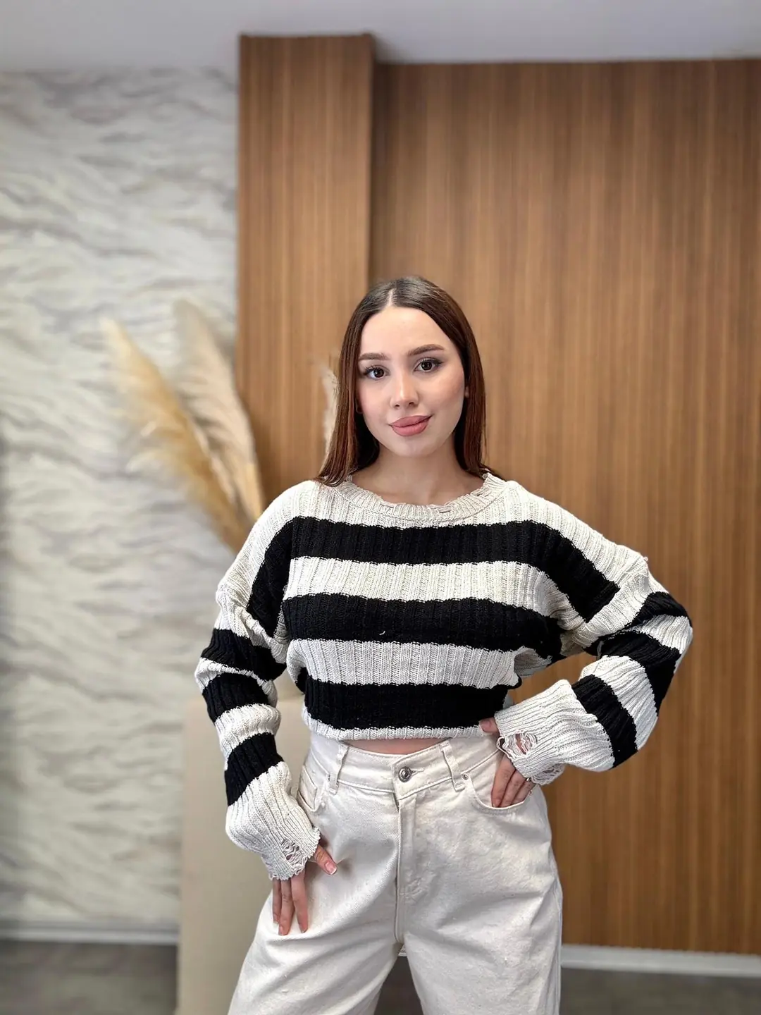 Lazerli Çizgili Triko Bluz