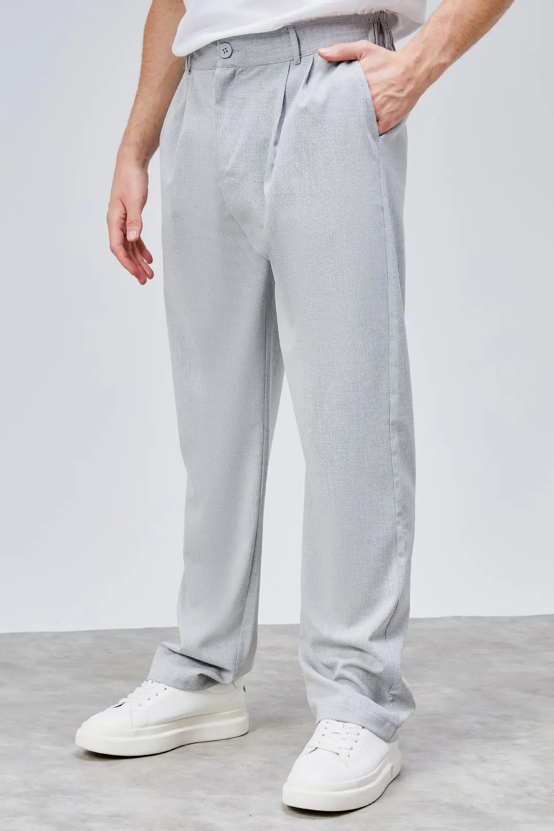 Erkek Gri Çift Pileli Rahat Kesim Beli Lastikli Bol Paça Baggy Pantolo
